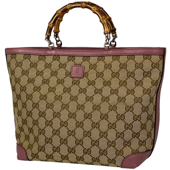 Gucci | Bags | Gucci Gg Pattern Tote Bag Bamboo Handbag Gg Pink Beige ...